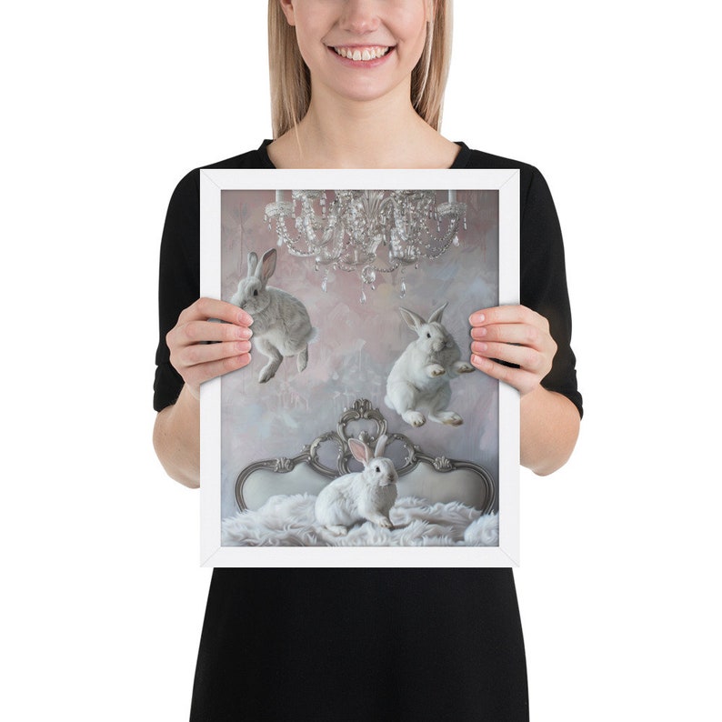 Framed Bunny Wall Art White Rabbit Painting Whimsical Art - Etsy