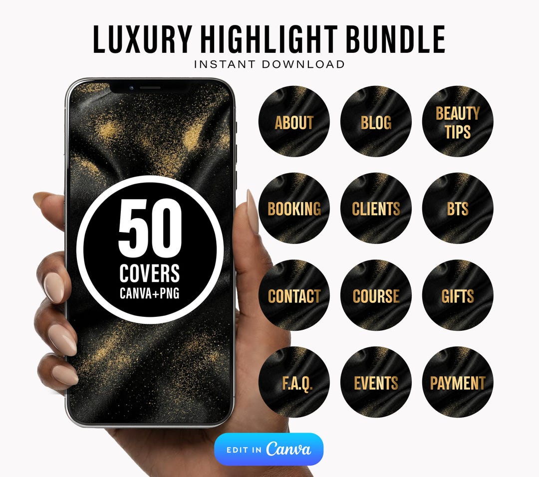 Black and Gold Instagram Highlight Covers Canva Template 50 Editable IG ...