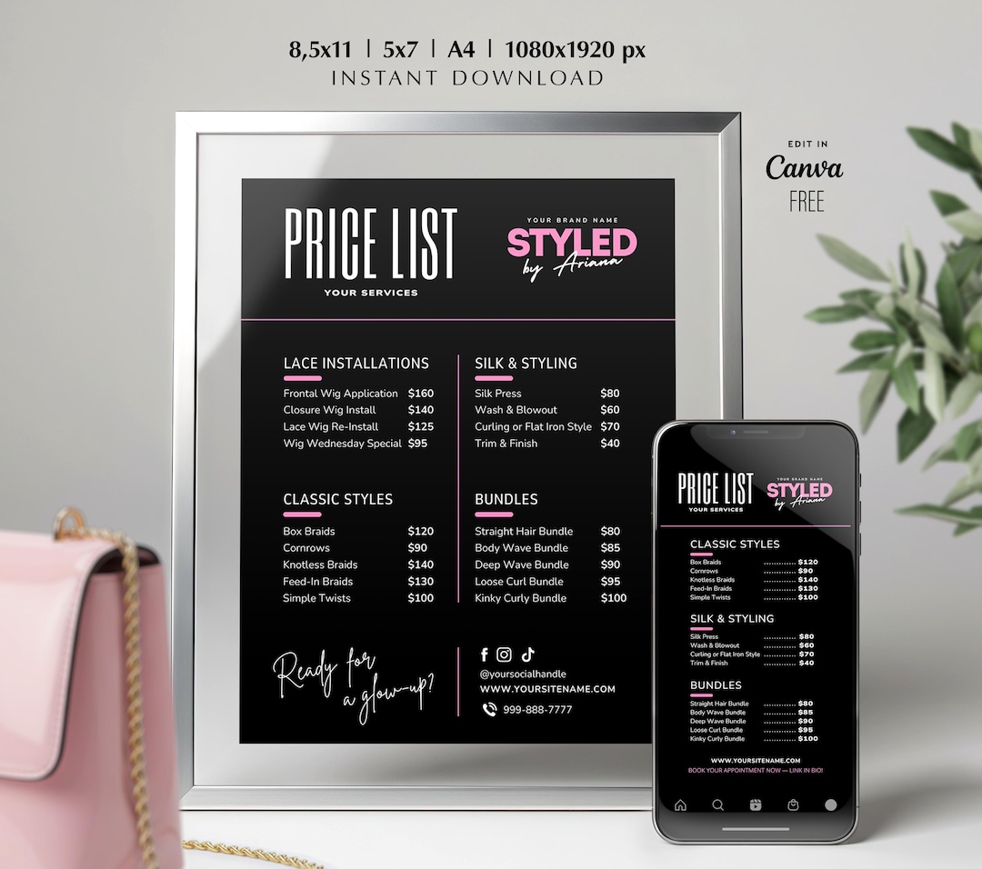 Hair Stylist Price List Template Editable Canva Hair Salon Price Menu ...