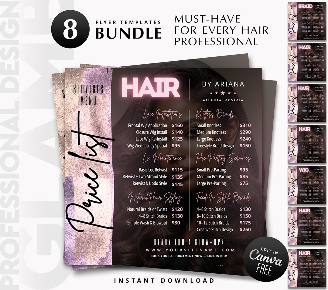 Salon Price List Template, Hair Braider Design, Canva Editable (digital ...