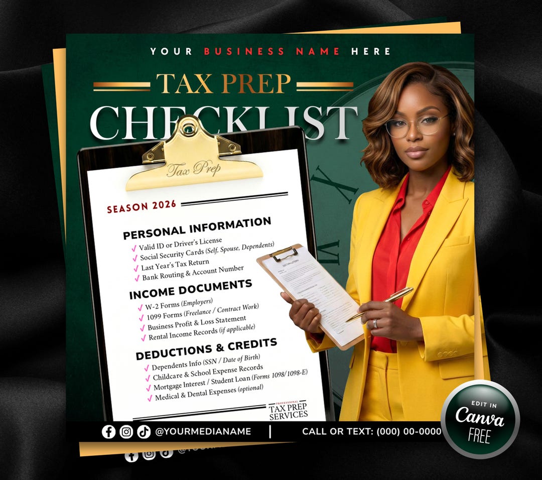 Tax Prep Checklist Flyer Template 2026 Tax Season | Income Tax Preparer ...
