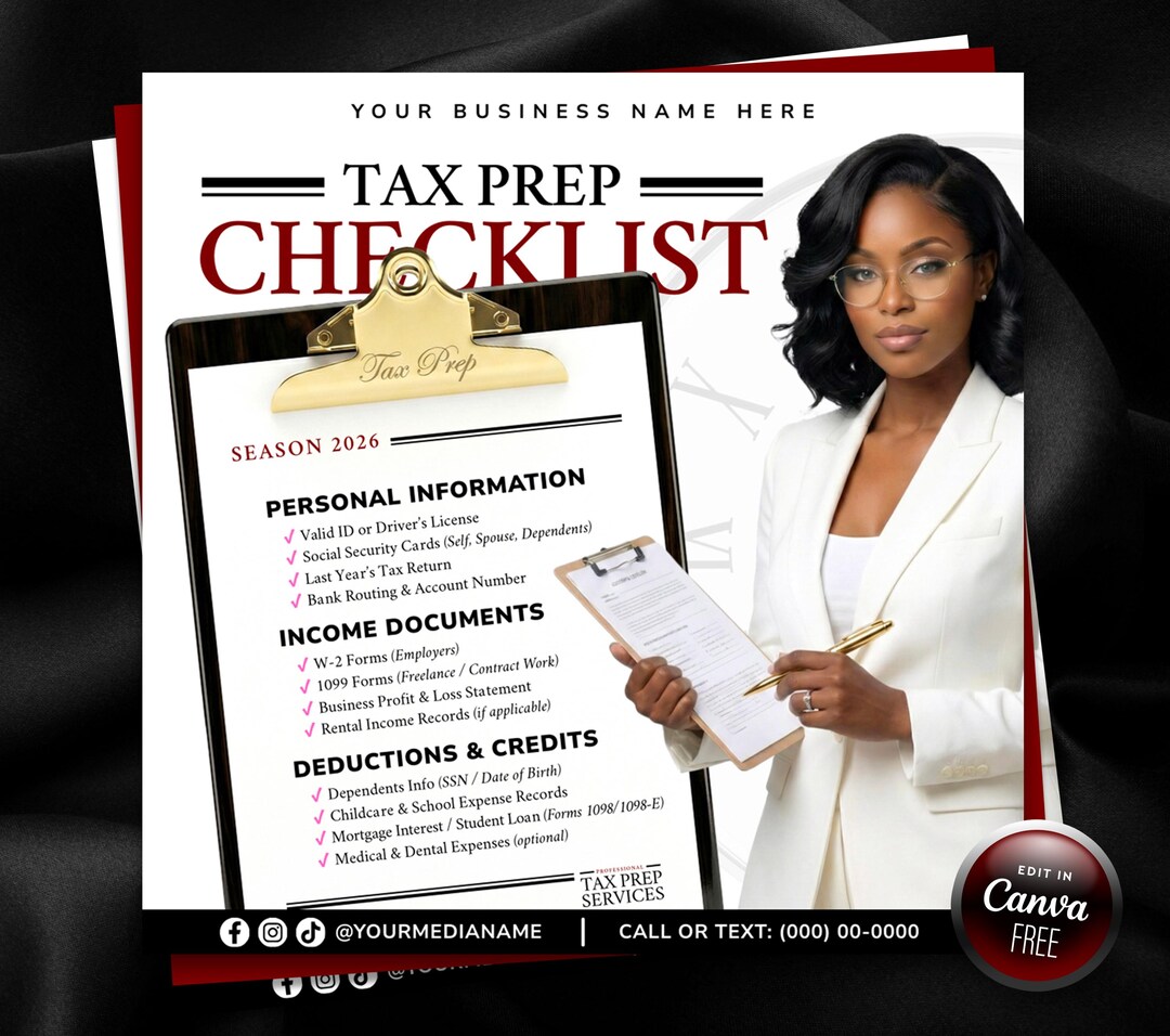 Editable Tax Prep Checklist Flyer 2026 Tax Season | Income Tax Preparer ...