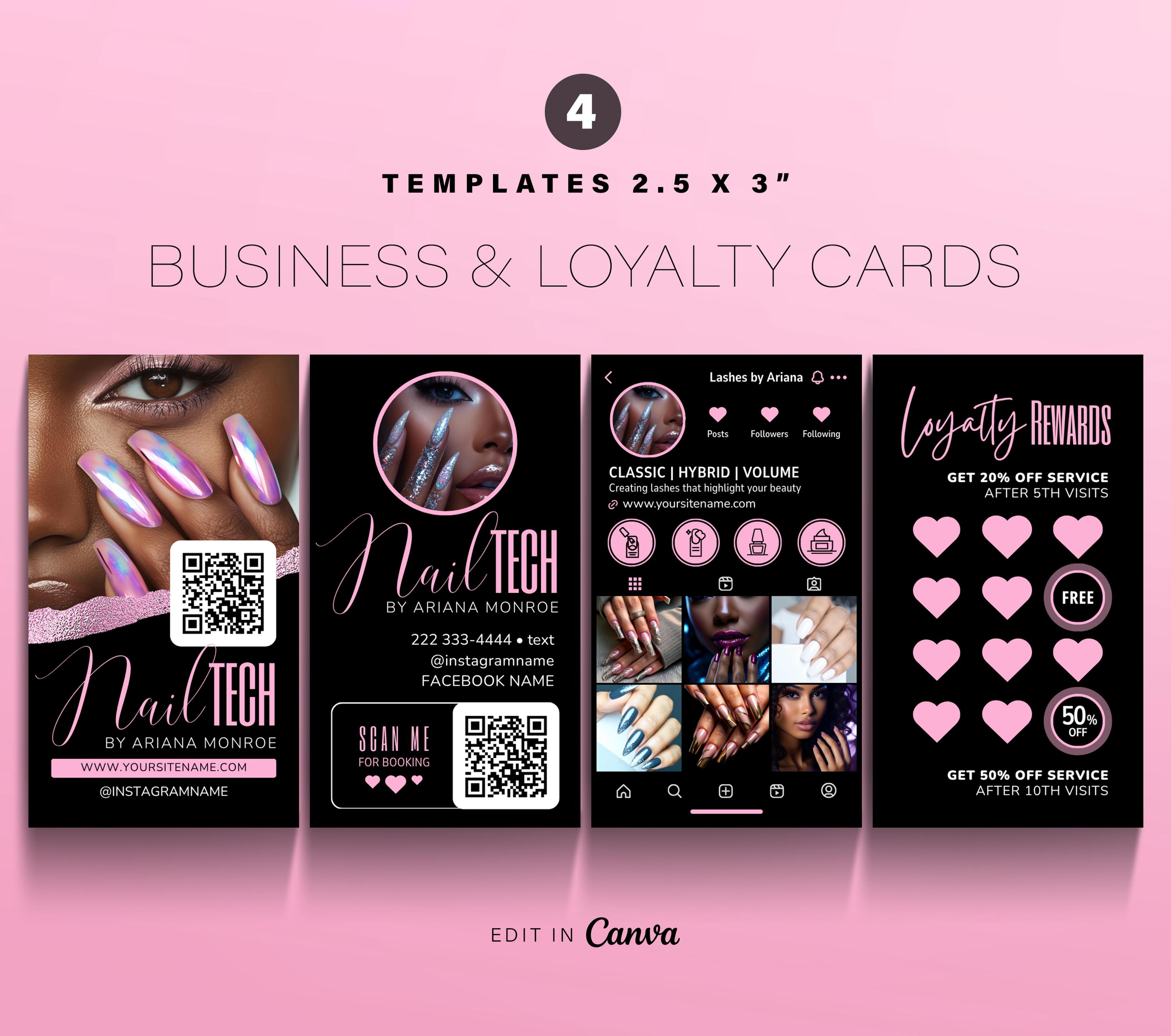 Nail Tech Loyalty Card, Beauty Business Cards Template: Black & Pink ...