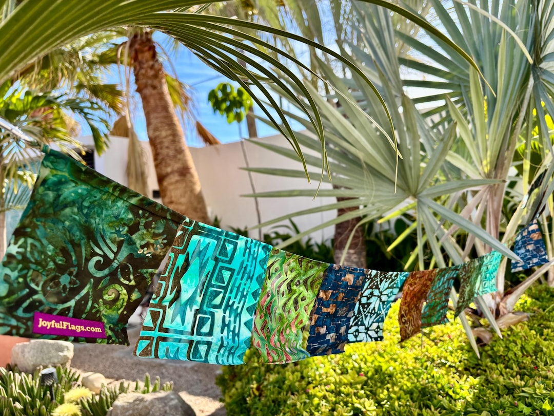 Batik Cotton Prayer Flags: Turquoise Green Boho Decor, 6ft Long, Unique ...