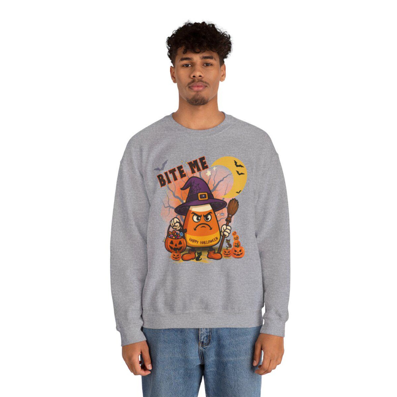 Bite Me Candy Corn Halloween Sweatshirt | Funny Witch Pumpkin Fall ...
