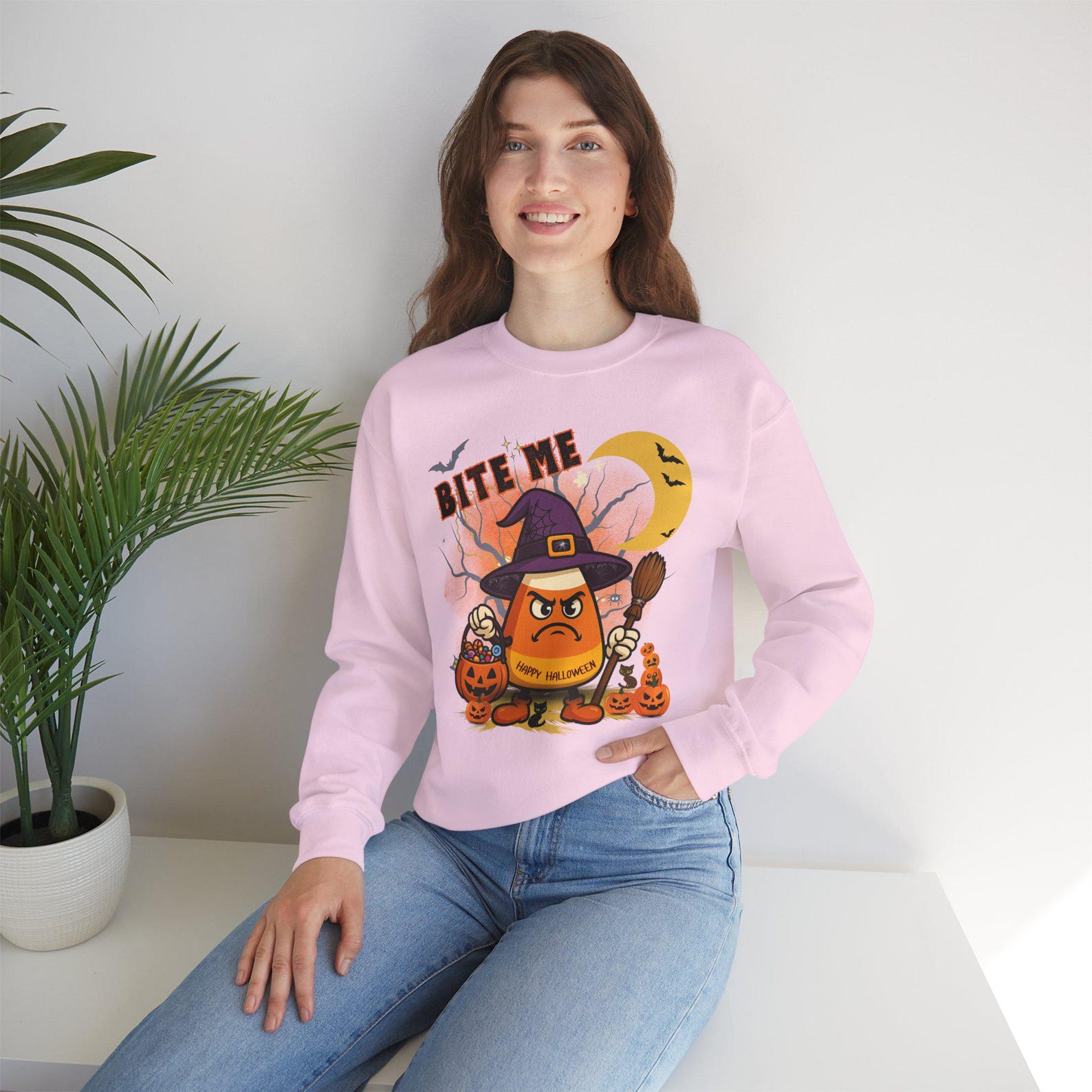 Bite Me Candy Corn Halloween Sweatshirt | Funny Witch Pumpkin Fall ...