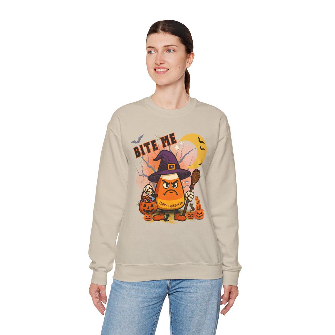 Bite Me Candy Corn Halloween Sweatshirt | Funny Witch Pumpkin Fall ...