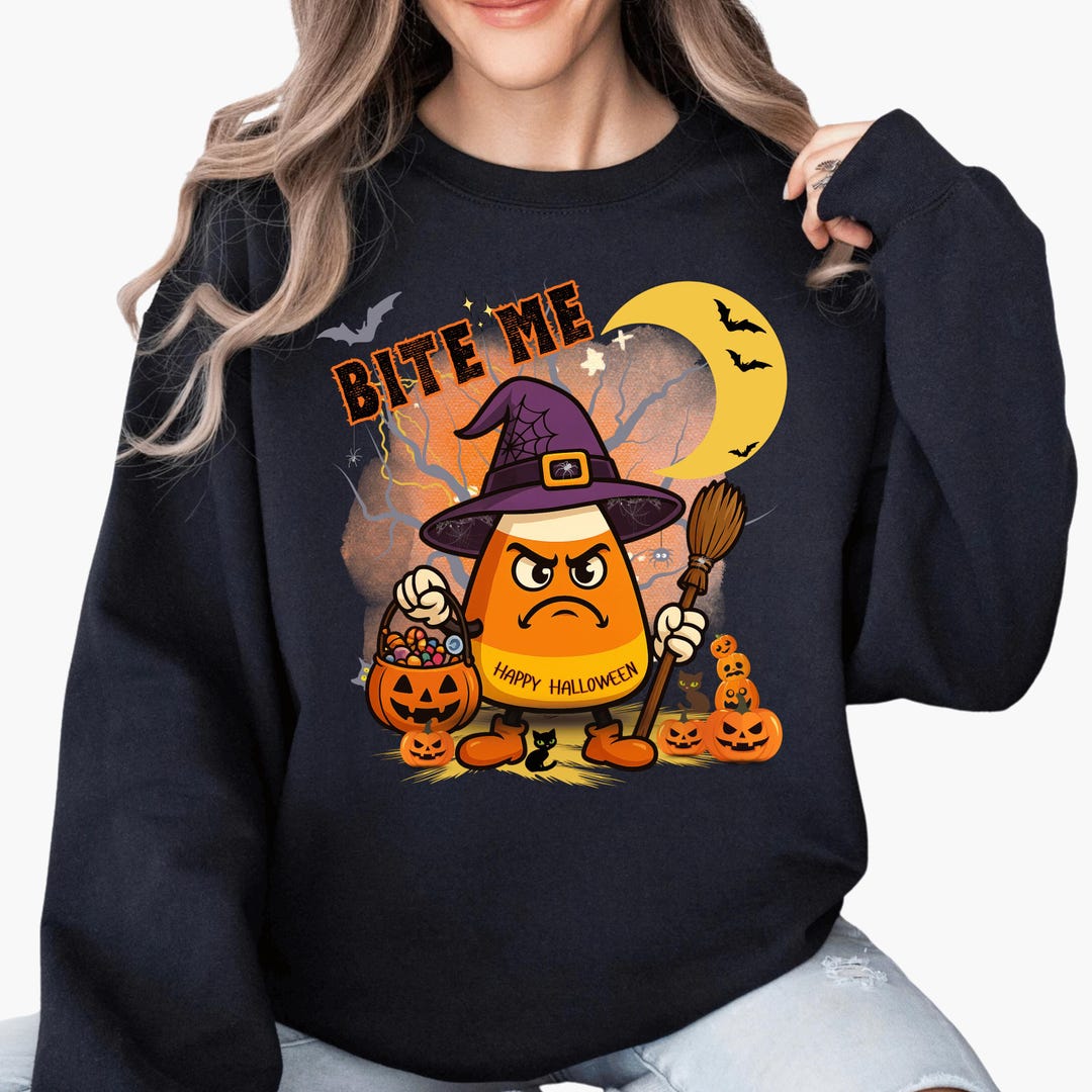 Bite Me Candy Corn Halloween Sweatshirt | Funny Witch Pumpkin Fall ...