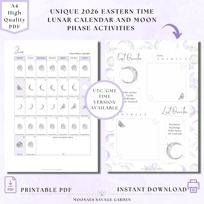 2026 Lunar Calendar & Moon Phase Planner ET | Hand-drawn Moon Journal ...
