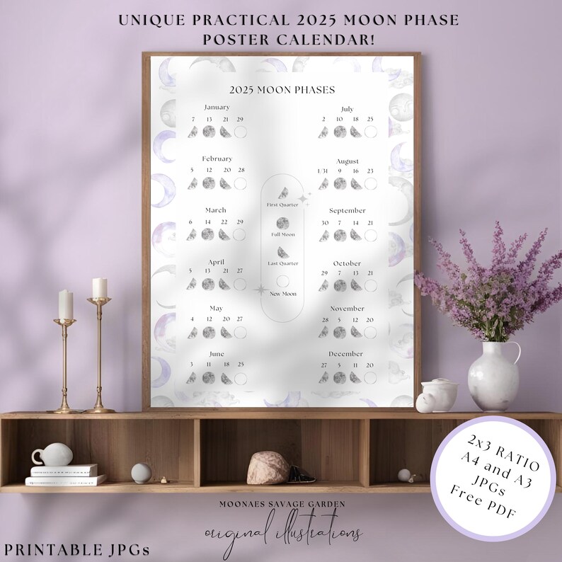 Cartaz do Calendário das Fases da Lua 2025: Arte Lunar Desenhada à Mão ...