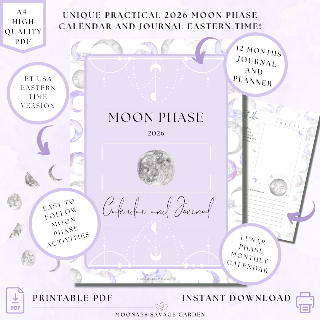 2026 Lunar Calendar & Moon Phase Planner ET | Hand-drawn Moon Journal ...