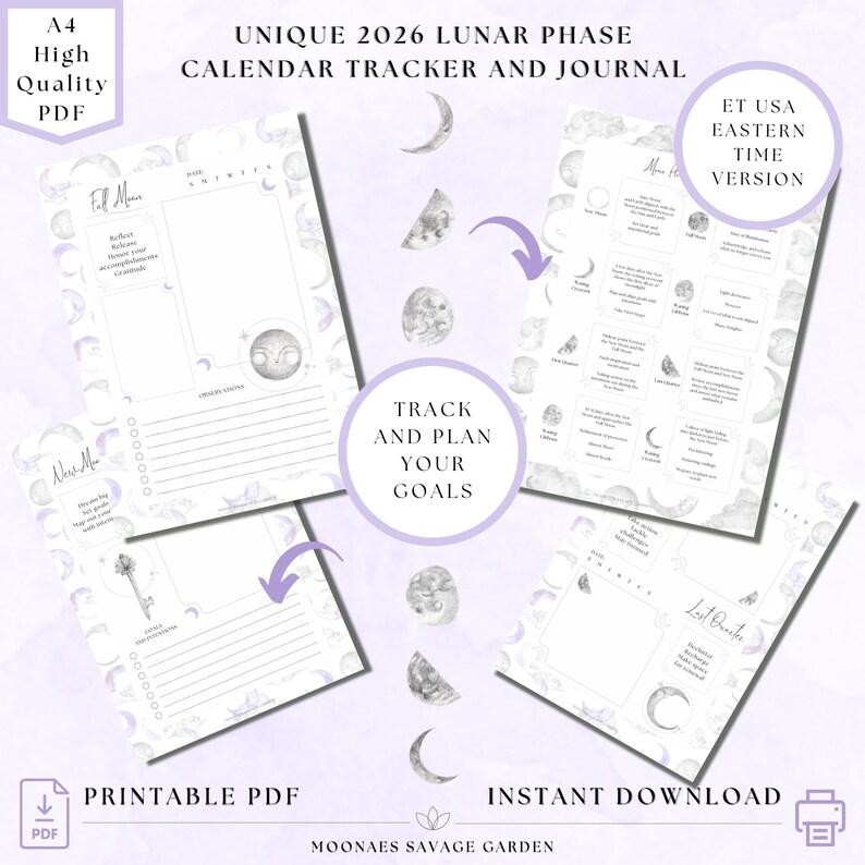 2026 Lunar Calendar & Moon Phase Planner ET | Hand-drawn Moon Journal ...