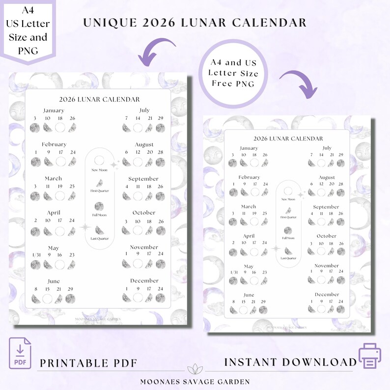 2026 Moon Phase Calendar and Activities Printable | Hand Drawn Lunar ...