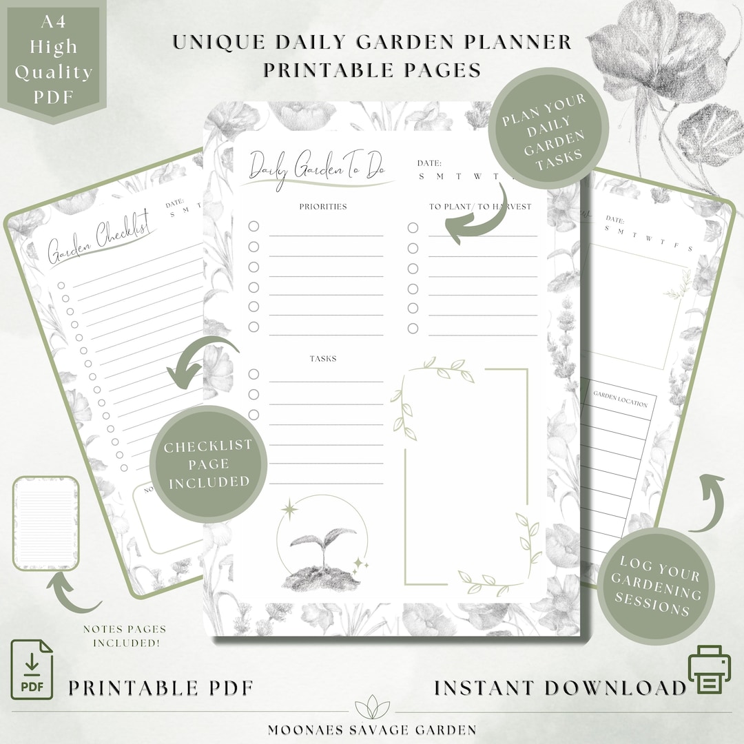 Unique Daily Garden to Do List and Log Printable Pages | Hand-drawn ...