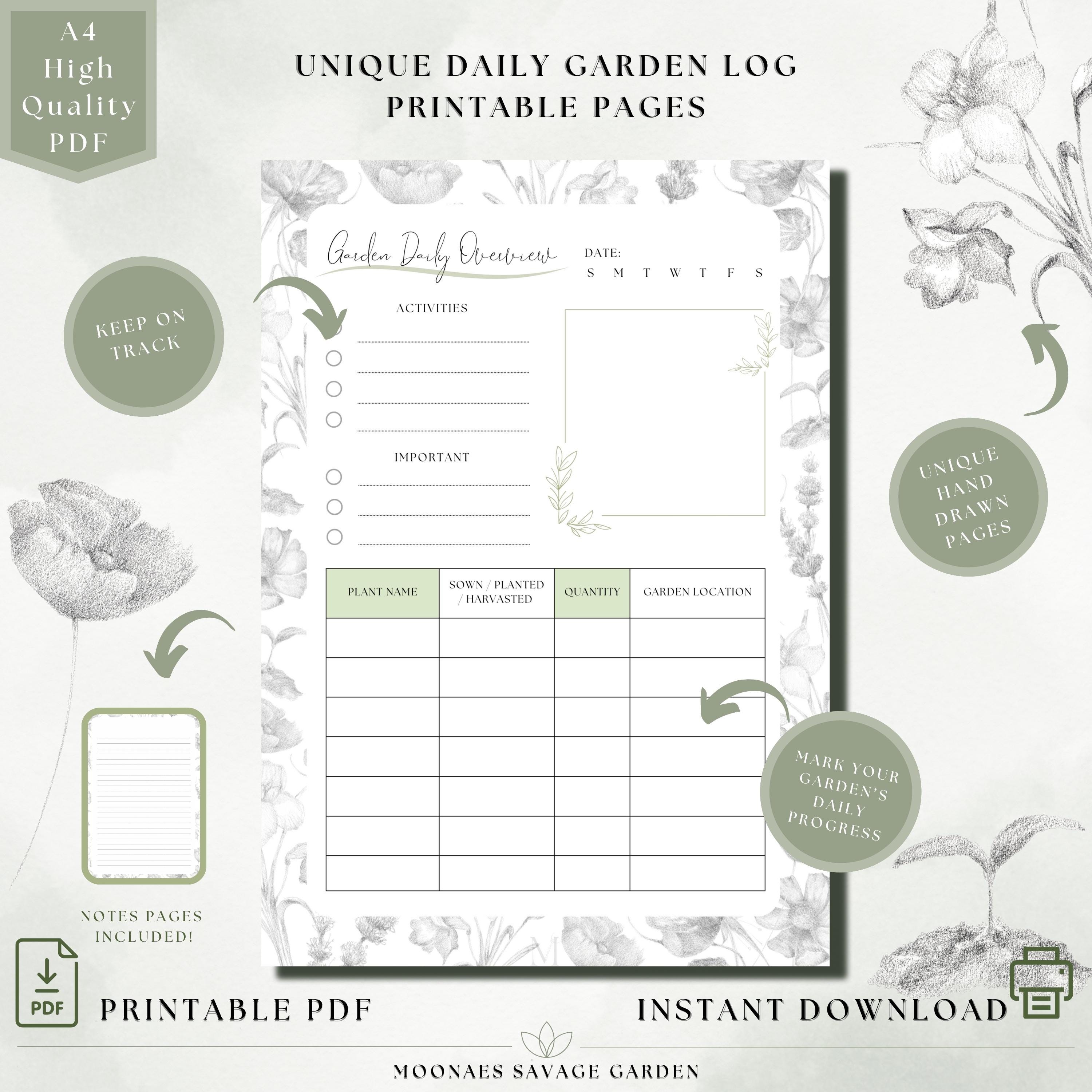 Unique Daily Garden to Do List and Log Printable Pages | Hand-drawn ...