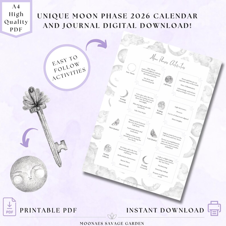 2026 Lunar Calendar & Moon Phase Activities Journal | Hand-drawn Lunar ...
