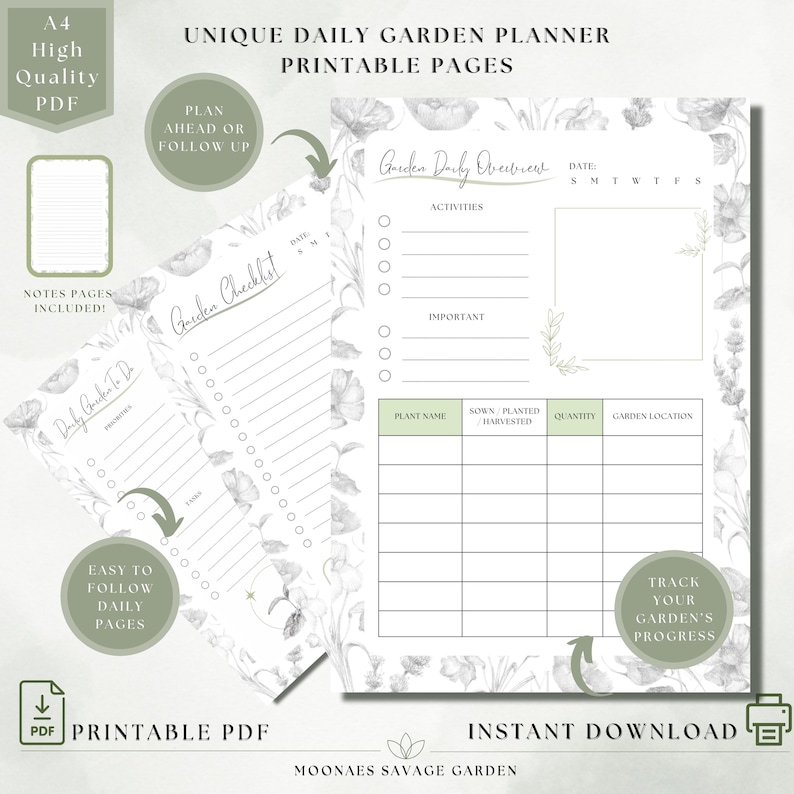 Hand-drawn Garden Planner: Daily Checklist & Log Printable Pages (A4 ...