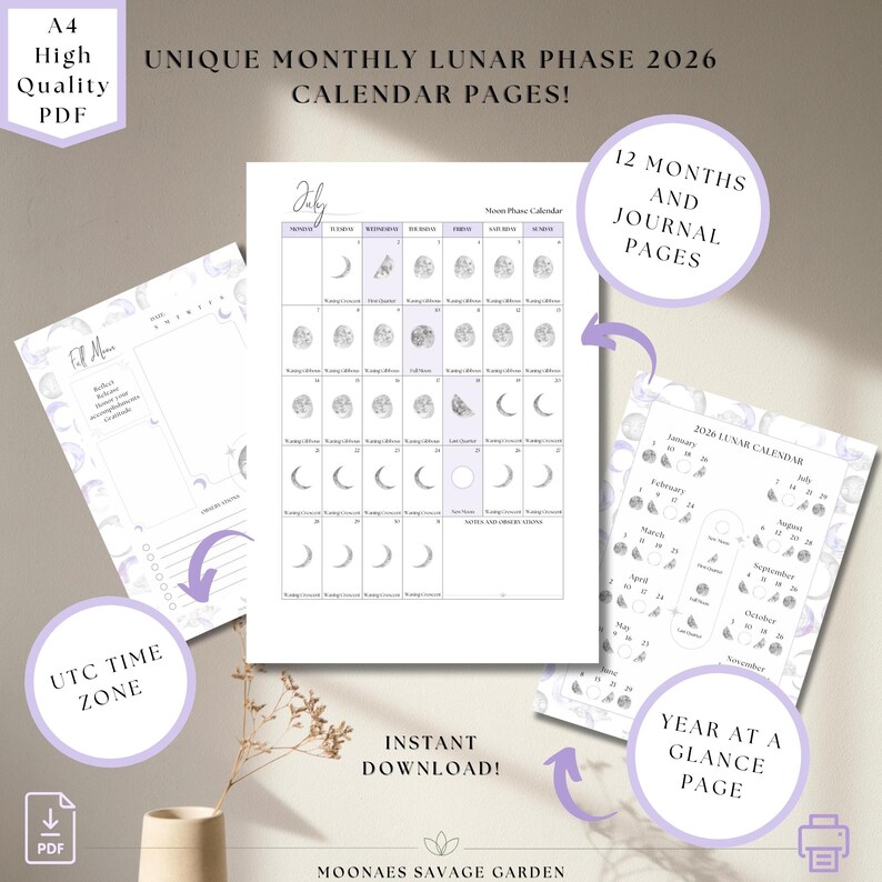 2026 Lunar Calendar & Moon Phase Planner ET | Hand-drawn Moon Journal ...
