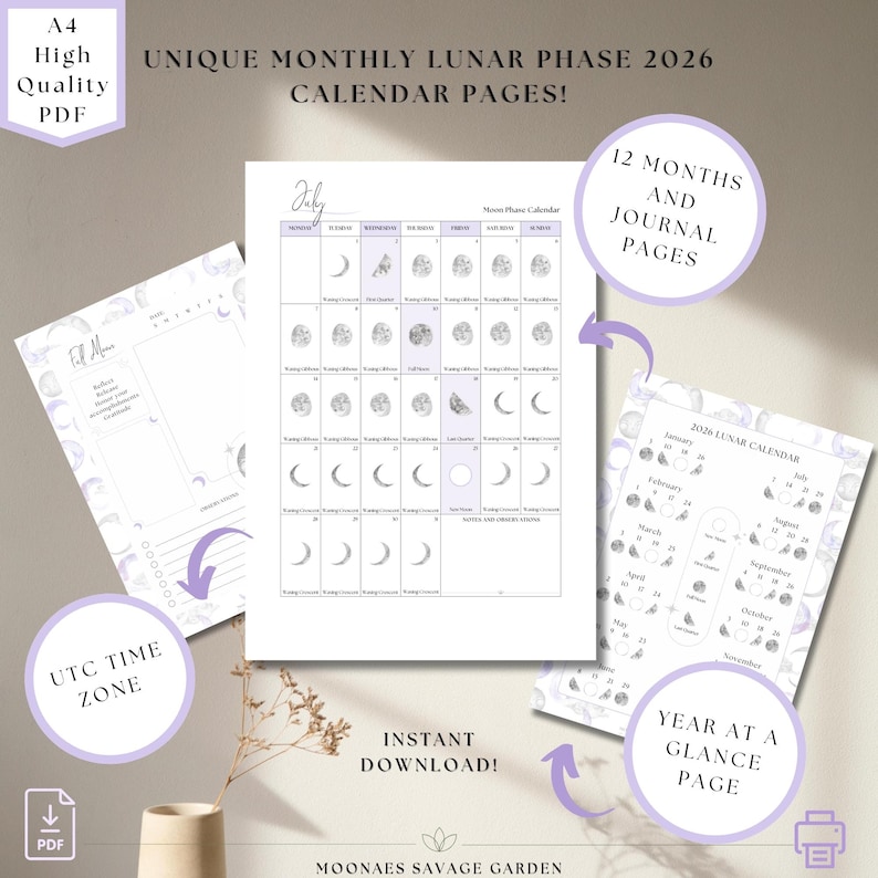 2026 Lunar Calendar & Moon Phase Activities Journal | Hand-drawn Lunar ...