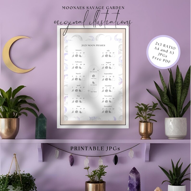 Cartaz do Calendário das Fases da Lua 2025: Arte Lunar Desenhada à Mão ...