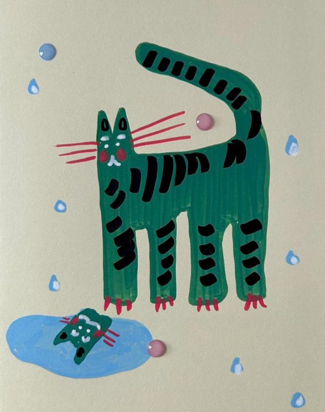 Hand-drawn Lucky Cat Greeting Card With Gem Beads - Etsy