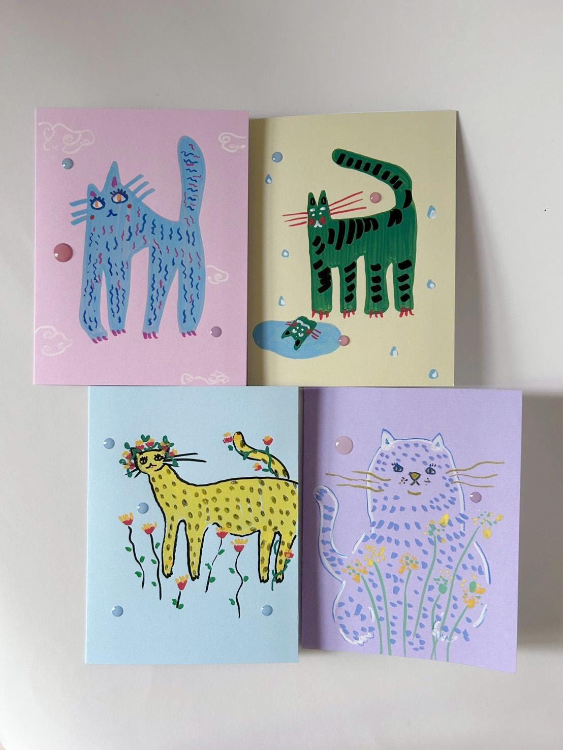 Hand-drawn Lucky Cat Greeting Card With Gem Beads - Etsy