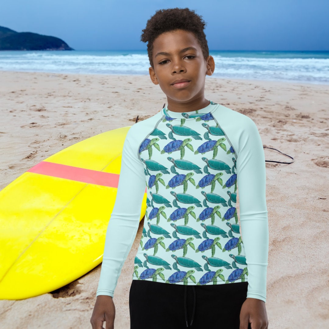 Youth Rash Guard Sea Turtles in Blue and Green on Aqua Background UPF ...