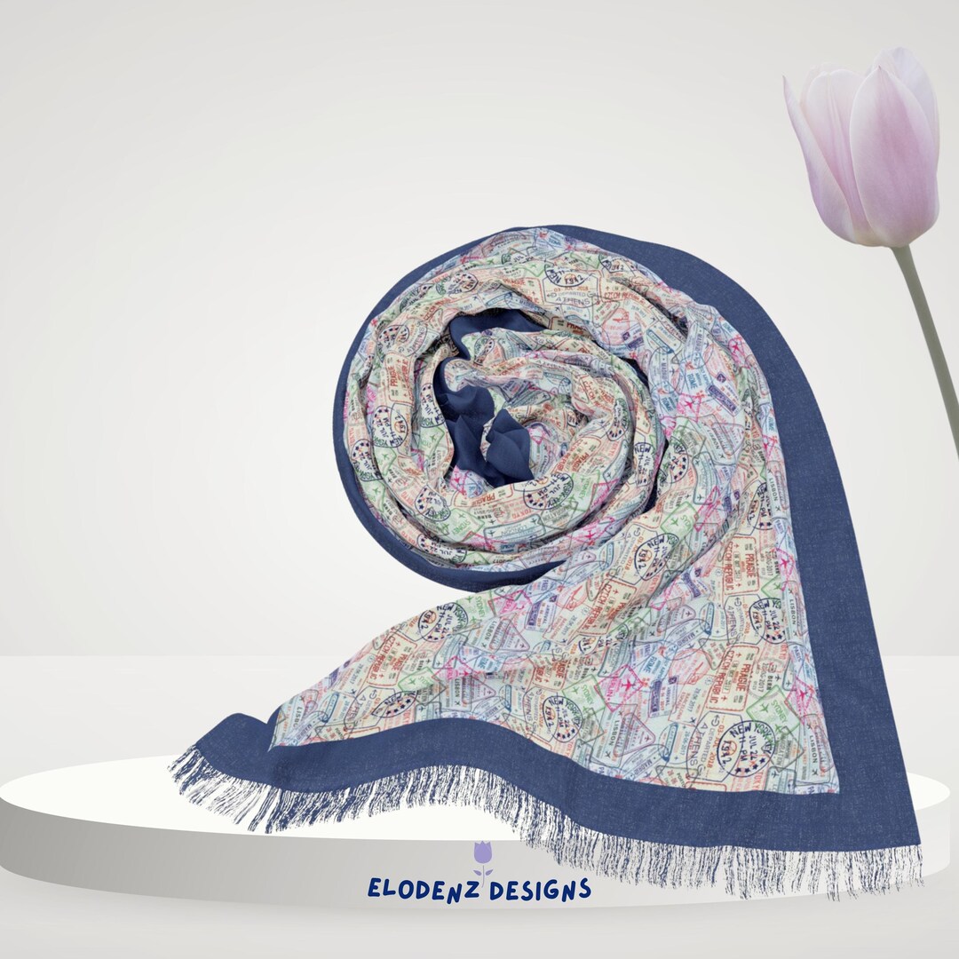 Passport Stamp Scarf: Lightweight Blue Border Travel Wrap - Etsy