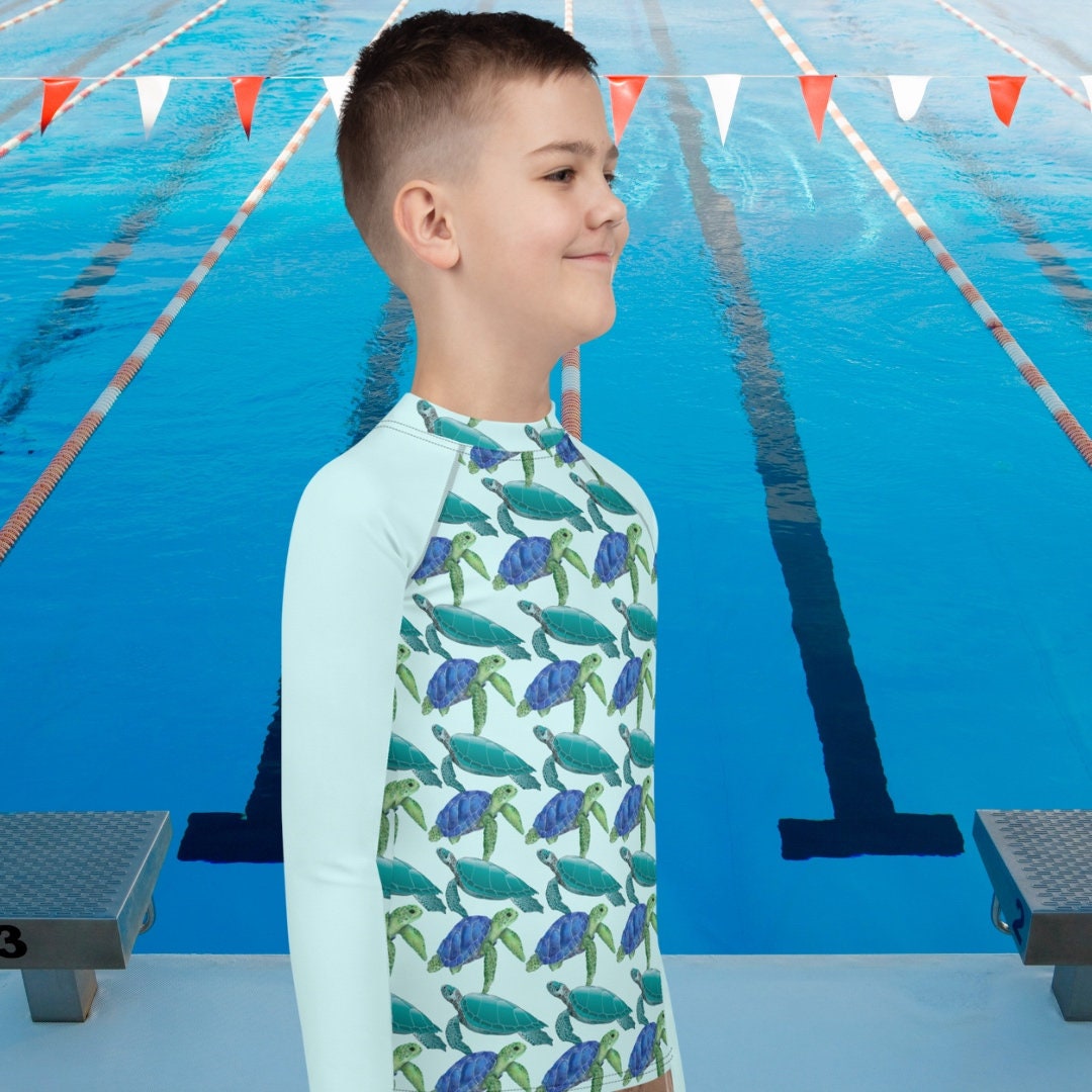Youth Rash Guard Sea Turtles in Blue and Green on Aqua Background UPF ...