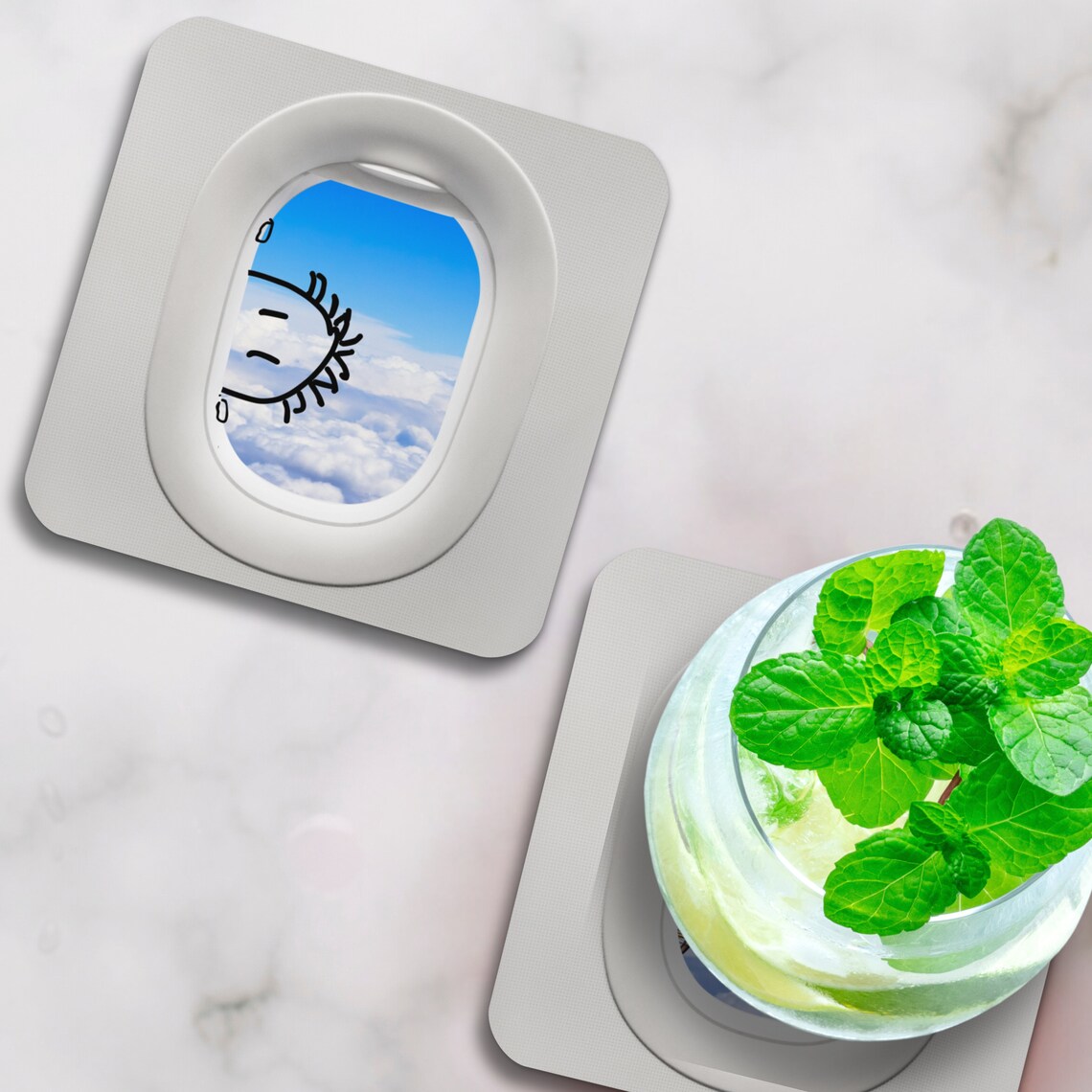 Coaster Airplane Window View of Clouds and Surprise Visitor. Cork ...