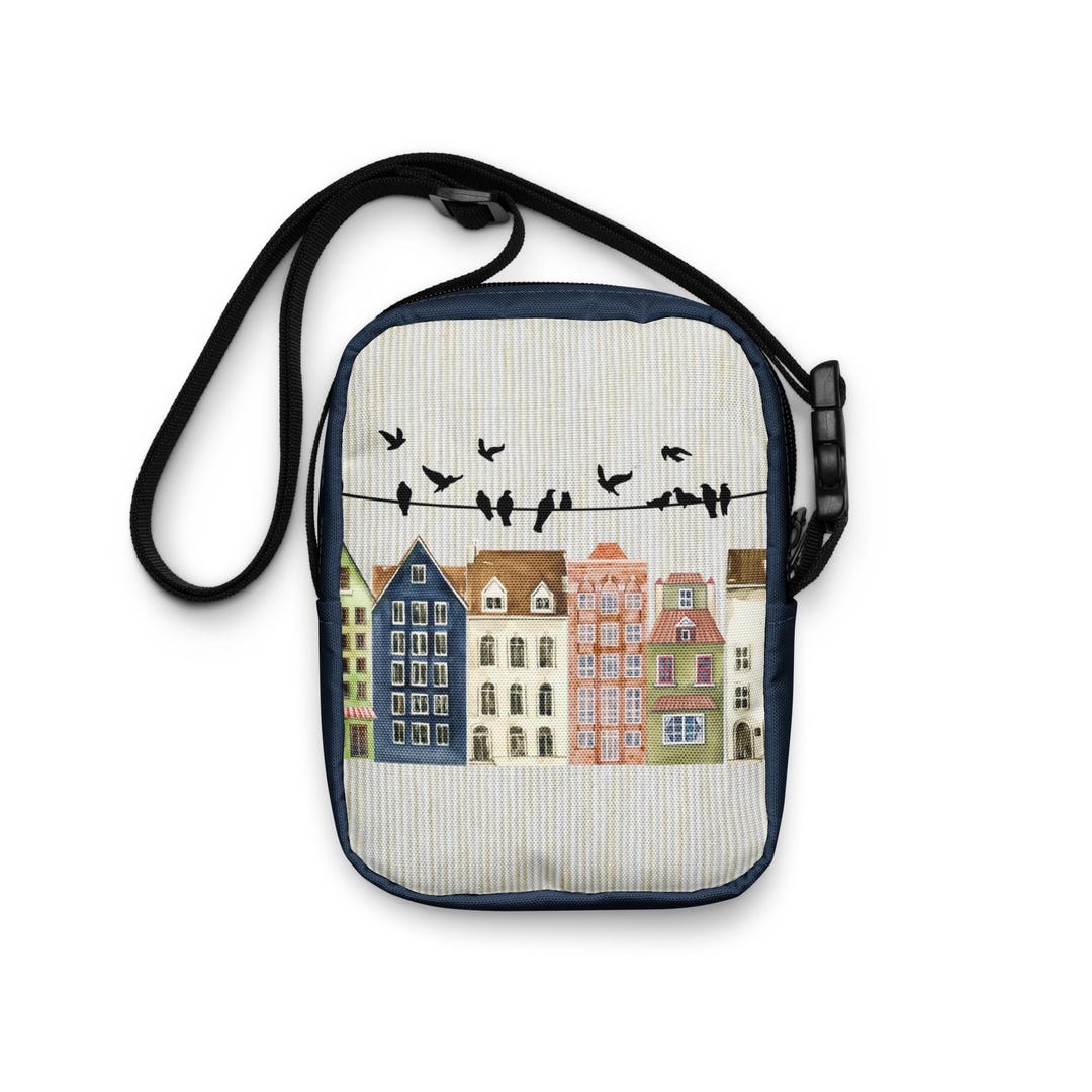 Cute Crossbody Bag Birds on a Wire Linen Look With Blue Details - Free ...