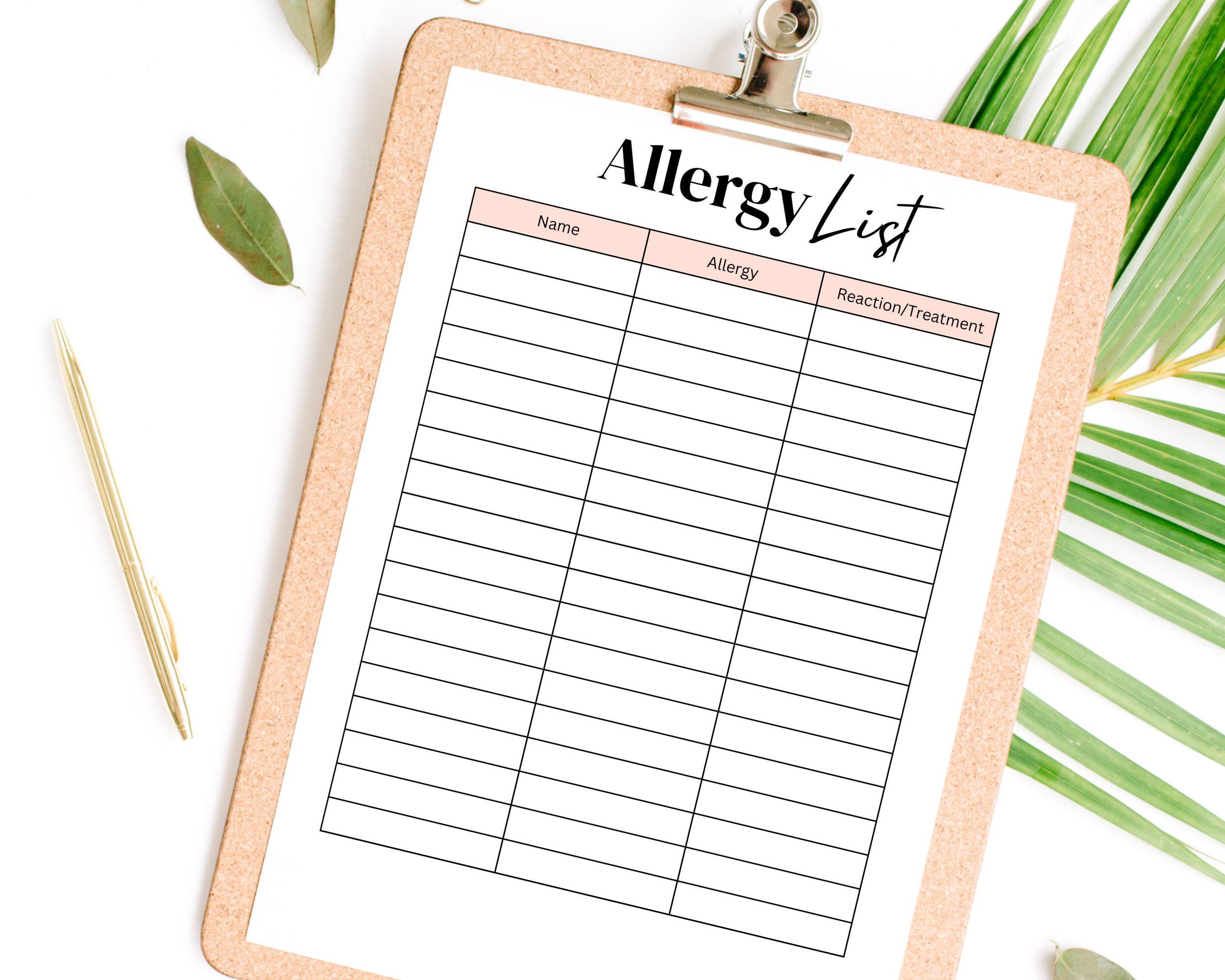 Allergy Tracker Template for Daycare Allergies List for Baby Allergy ...