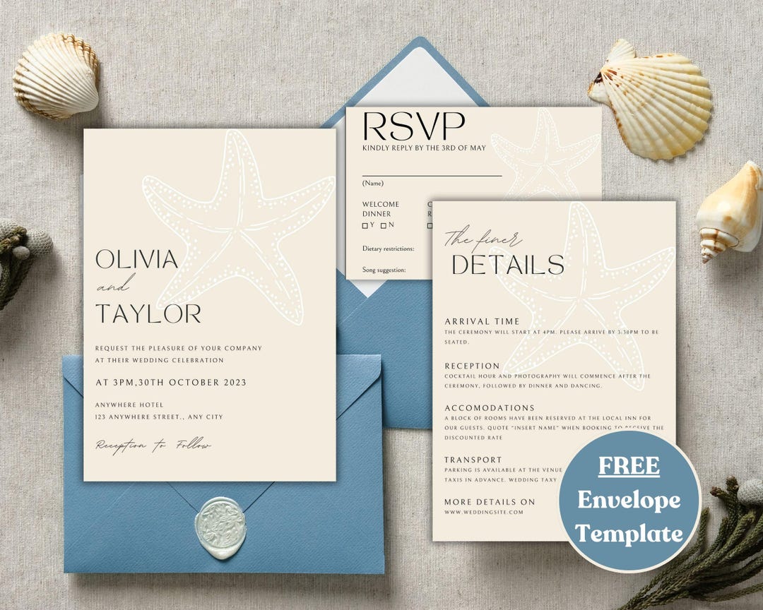 Seashell Wedding Invitation Bundle Beach Wedding Invite Template for ...