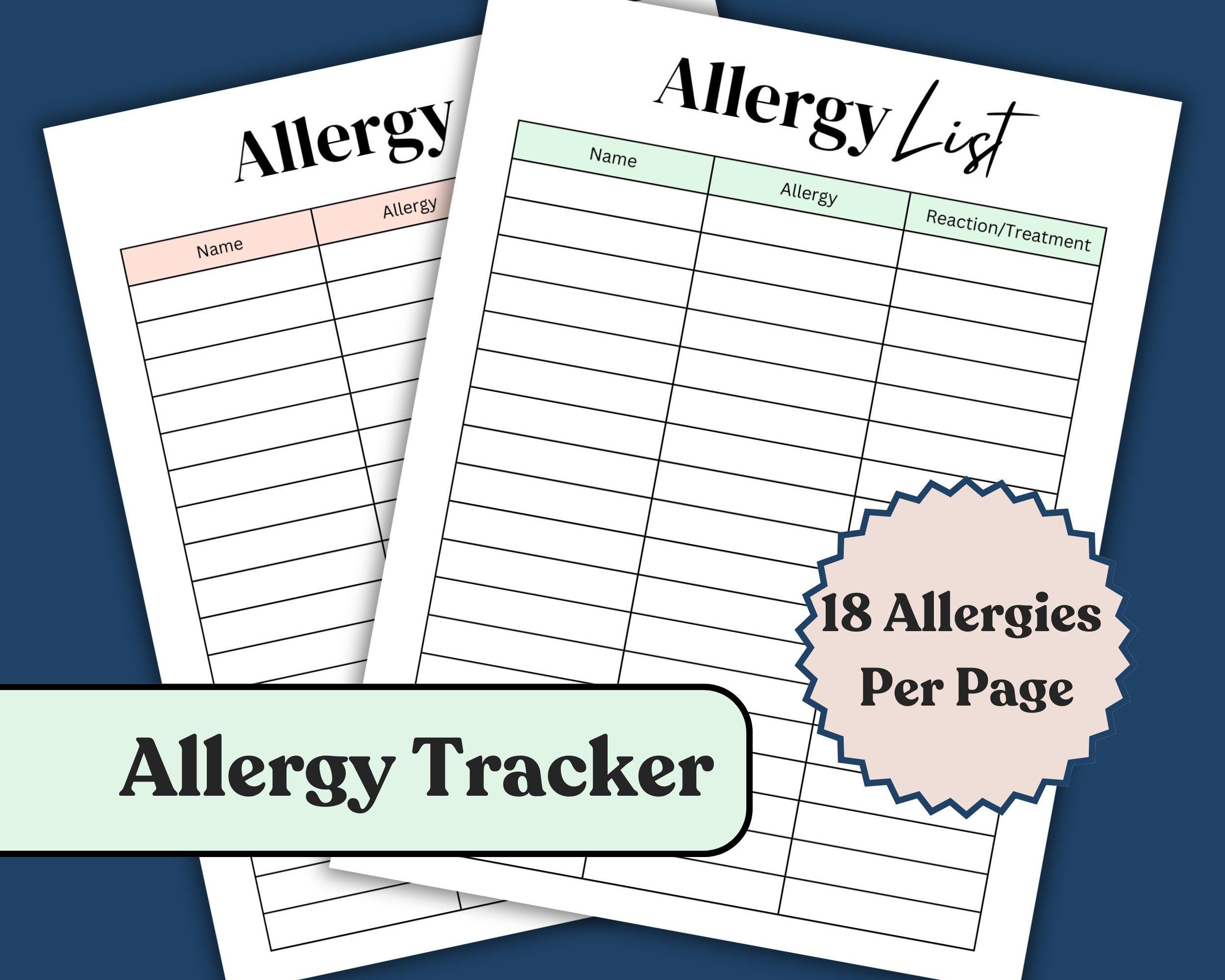 Allergy Tracker Template for Daycare Allergies List for Baby Allergy ...