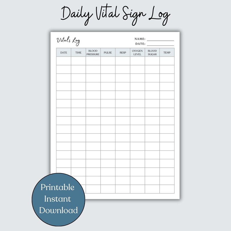 Vital Sign Daily Tracker Log for Nurse Printable Vital Sign Tracker ...