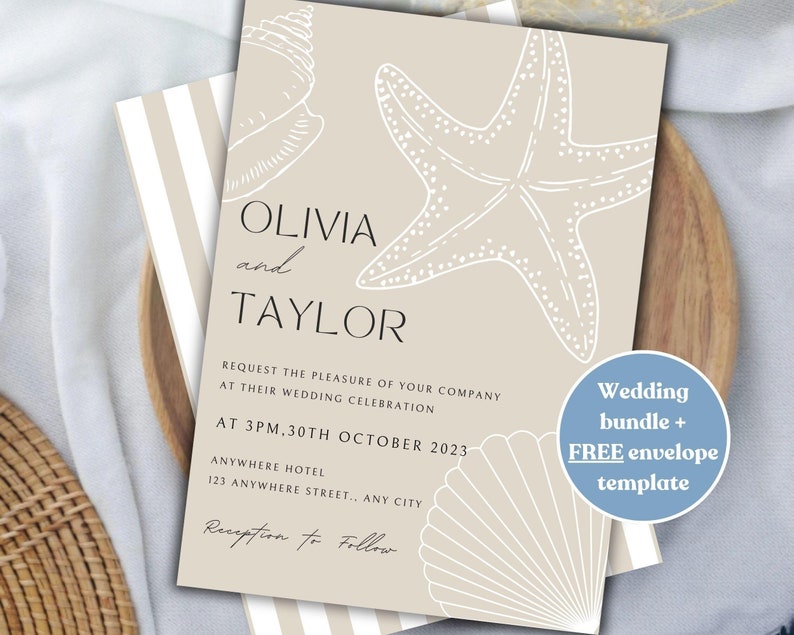 Seashell Wedding Invitation Bundle Beach Wedding Invite Template for ...