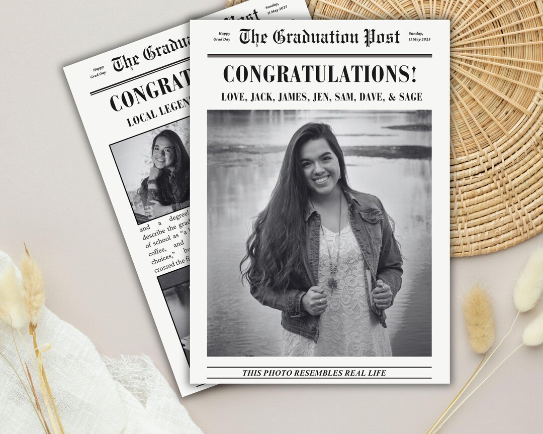 Newspaper Graduation Card Editable High School Graduation Announcement ...