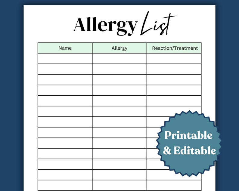 Allergy Tracker Template for Daycare Allergies List for Baby Allergy ...