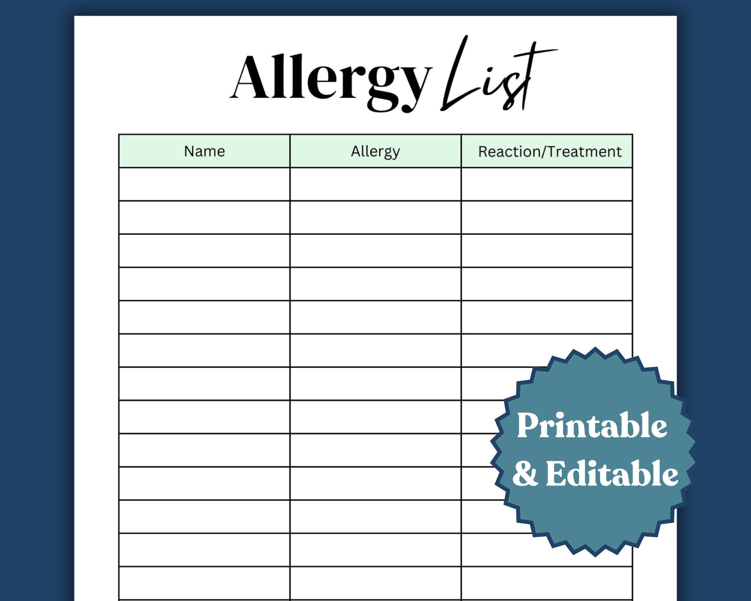 Allergy Tracker Template for Daycare Allergies List for Baby Allergy ...