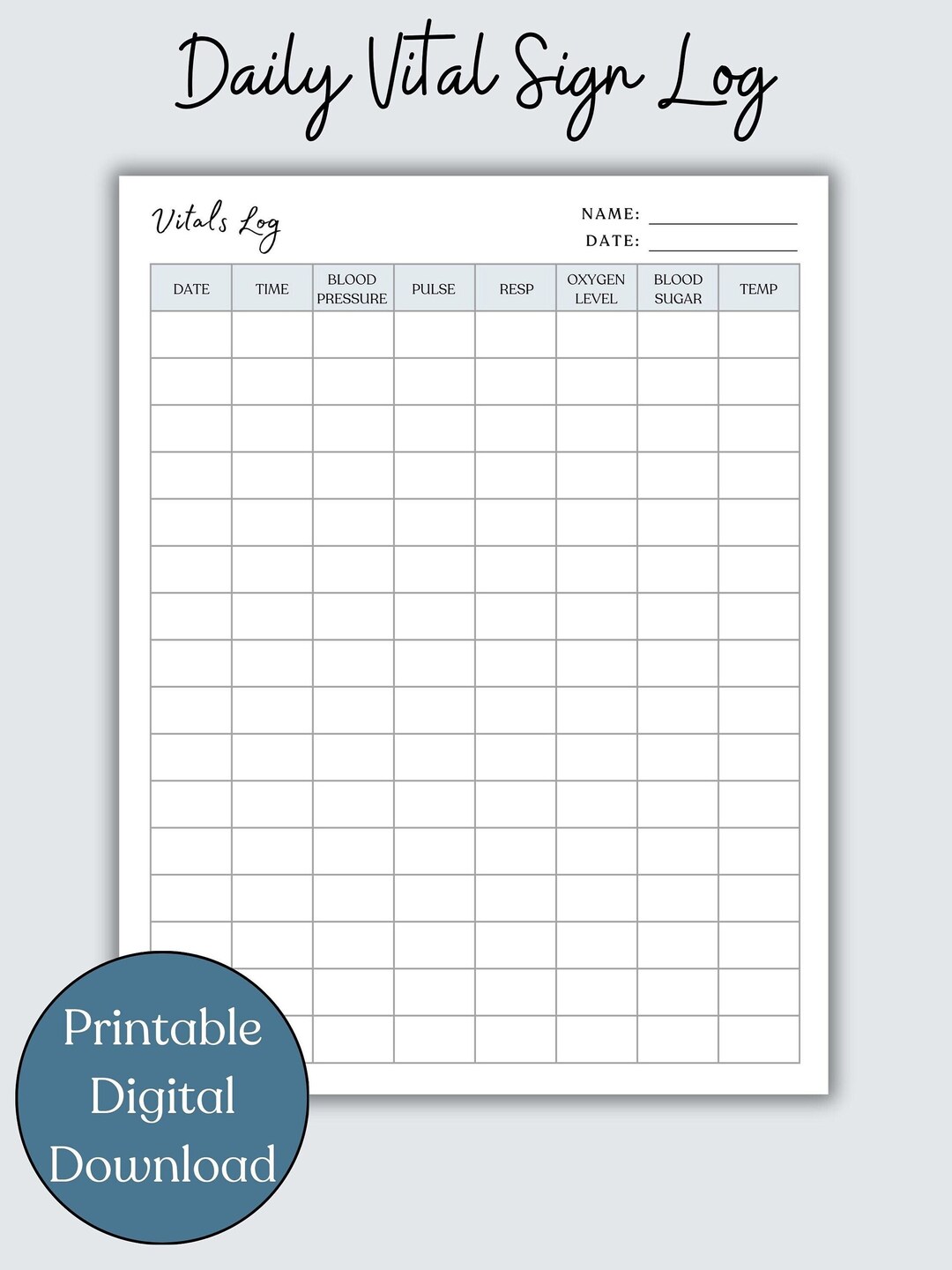 Vital Sign Daily Tracker Log for Nurse Printable Vital Sign Tracker ...