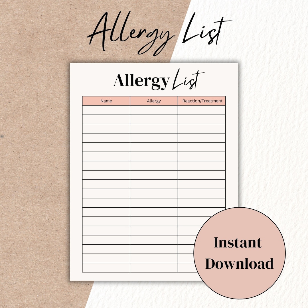 Allergy List Form for Kid Allergy List Template for Adult Child Allergy Form Daycare Allergy ...
