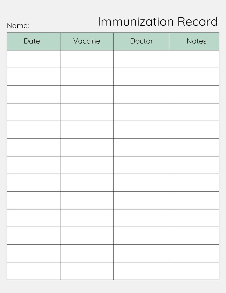Immunization Record Printable Vaccination Record Vaccine Record for ...