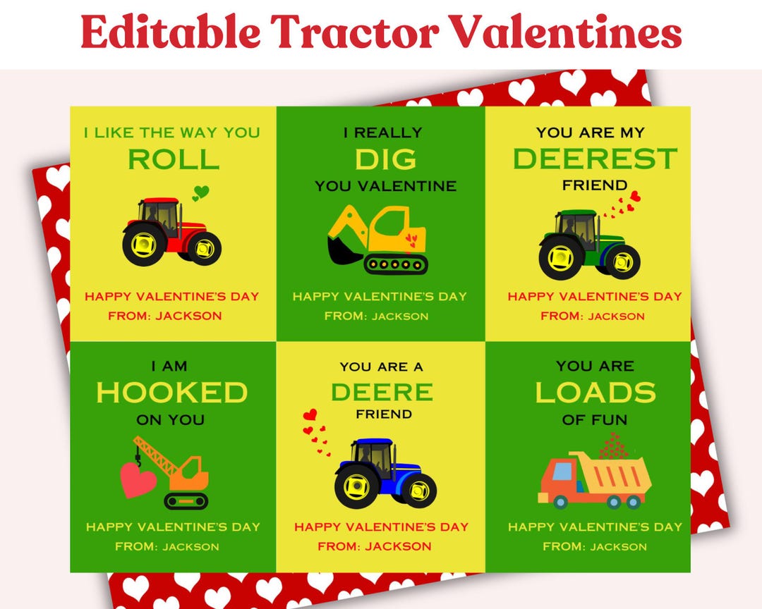 Kid Tractor Valentine Card for School Happy V-day Green Tractor Card ...