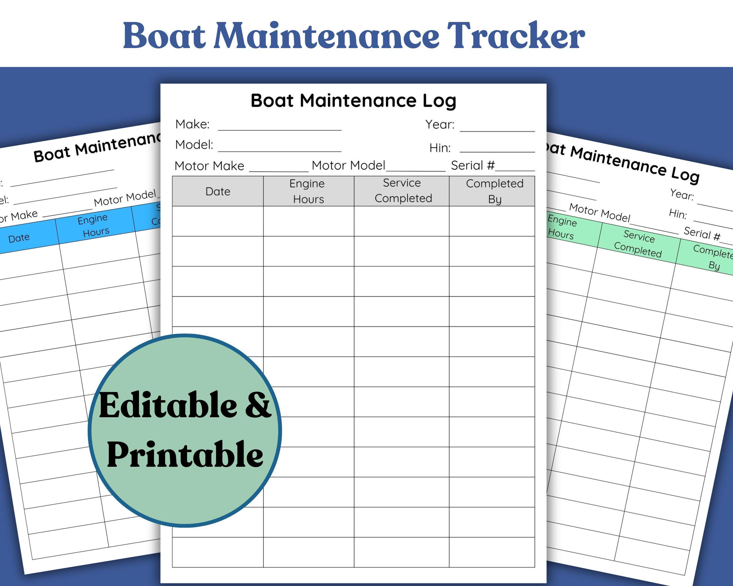 Boat Maintenance Tracker for Ski Boat Service Log for Sailboat Vessel ...