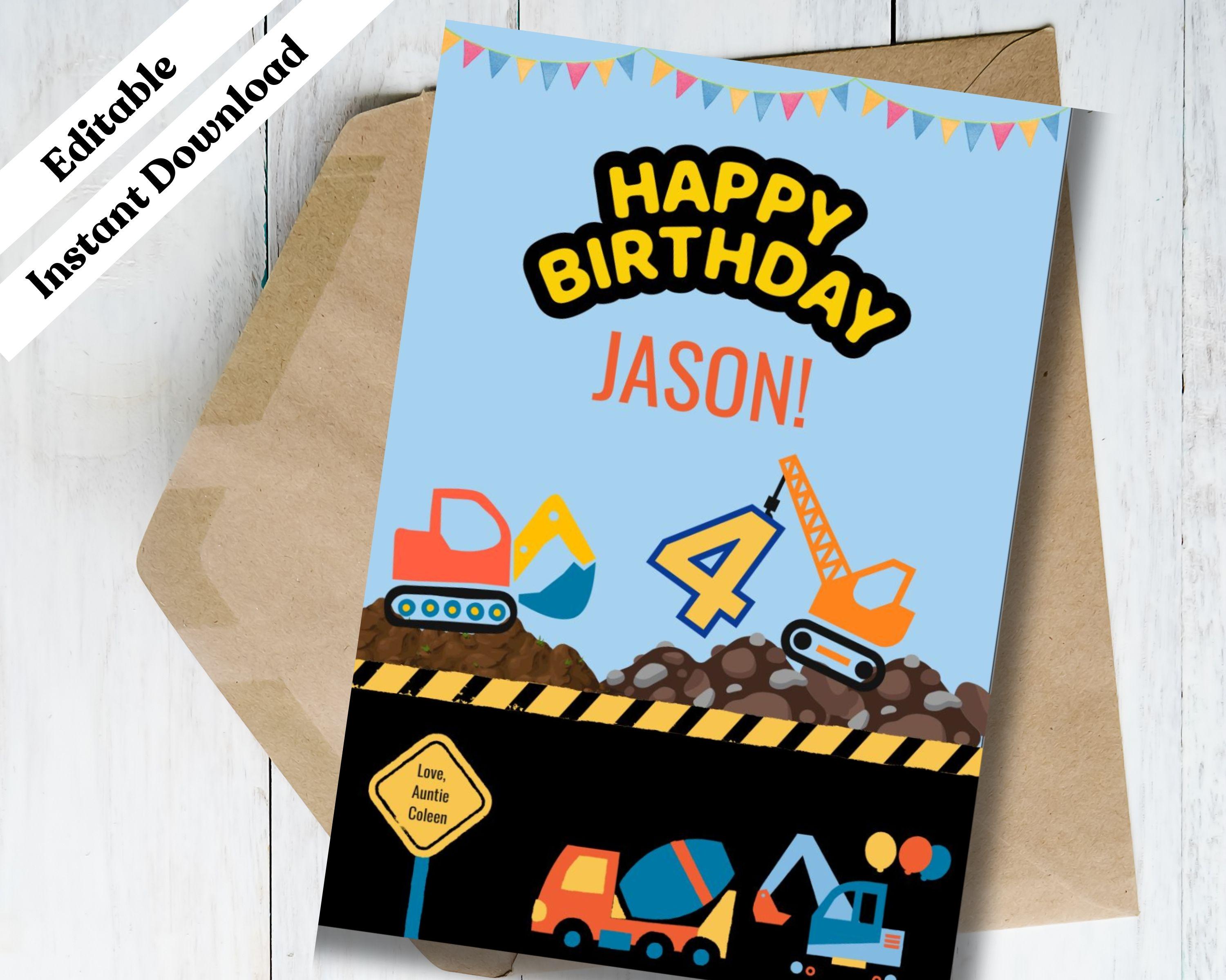 Construction Birthday Card for Boy Excavator Birthday Toddler ...