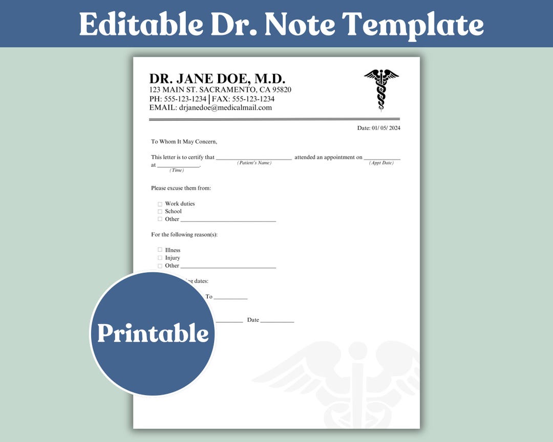 Doctor Excuse Note for Work Doctor Excuse Slip for School Note for ...