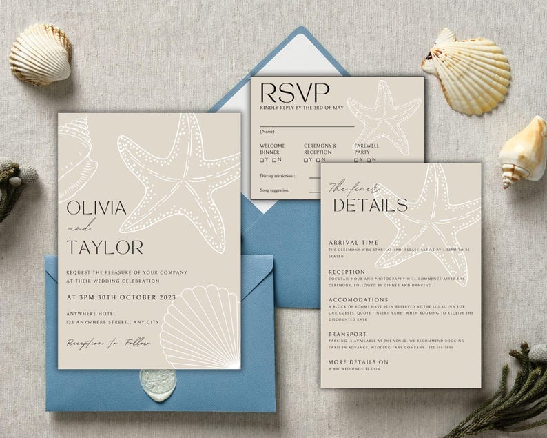 Seashell Wedding Invitation Bundle Beach Wedding Invite Template for ...