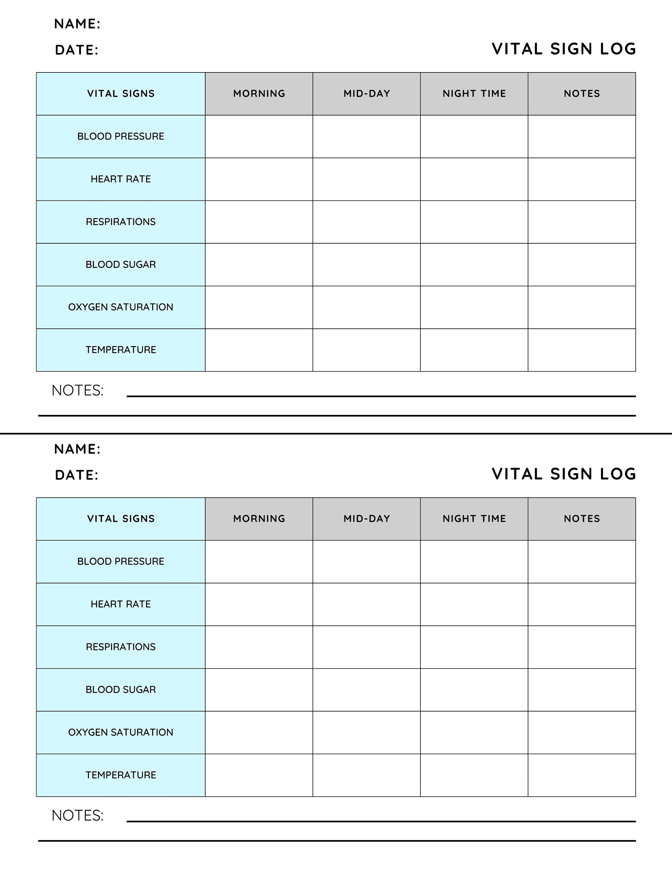 Daily Vital Sign Template for Nurse Vital Sign Log for Nursing Home ...