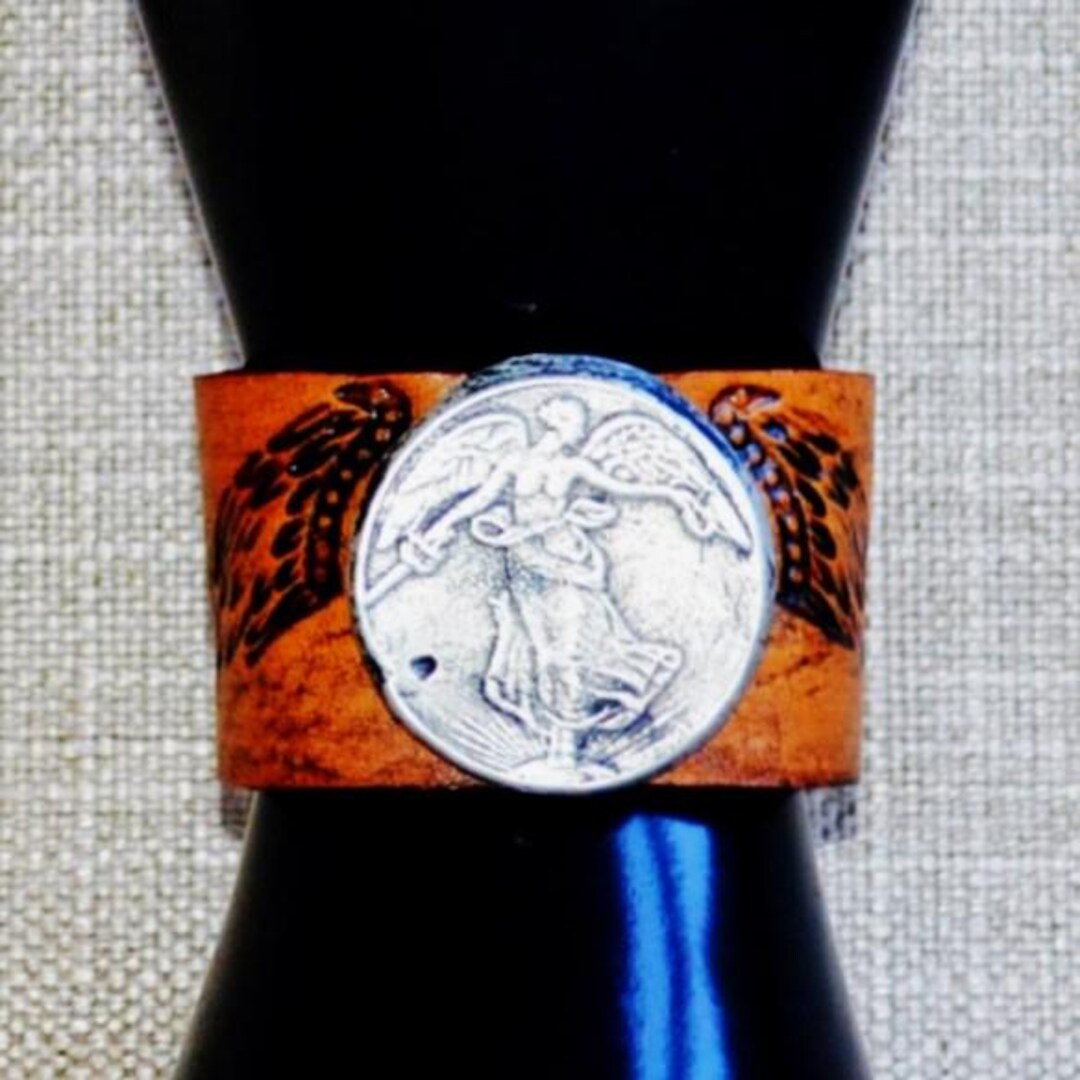 Leather Cuff Bracelet, Sand Casted, Pewter Coin, Angel Motif, Handmade ...