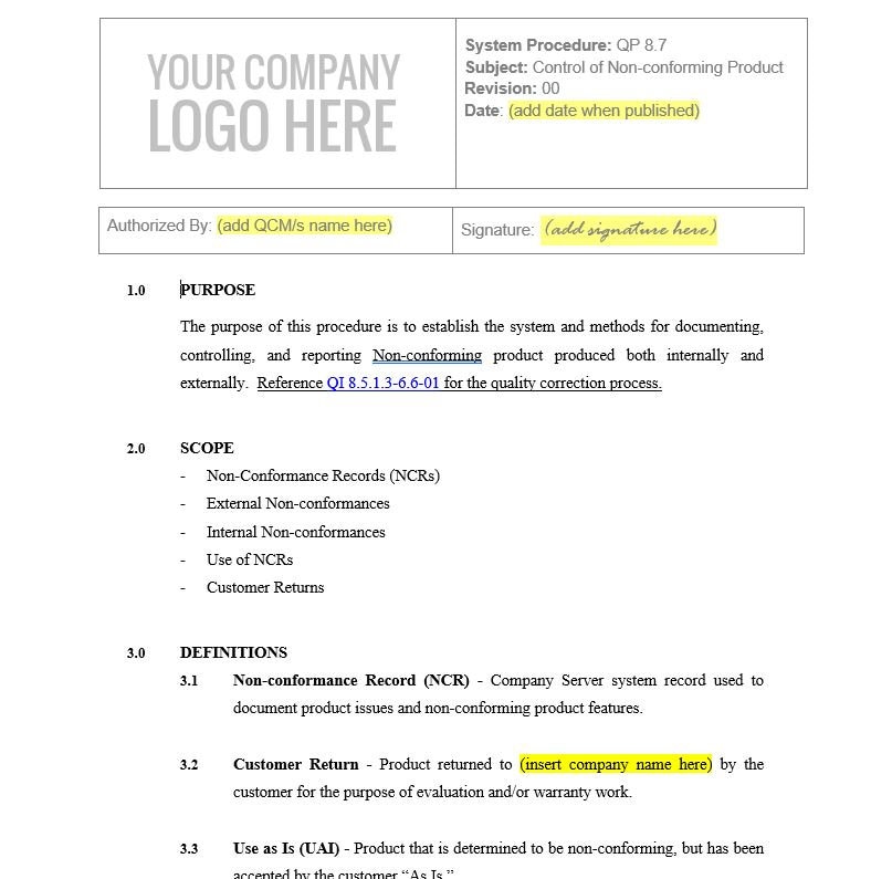 ISO 9001 2015 Non-conforming Product Template With Log and Procedure ...